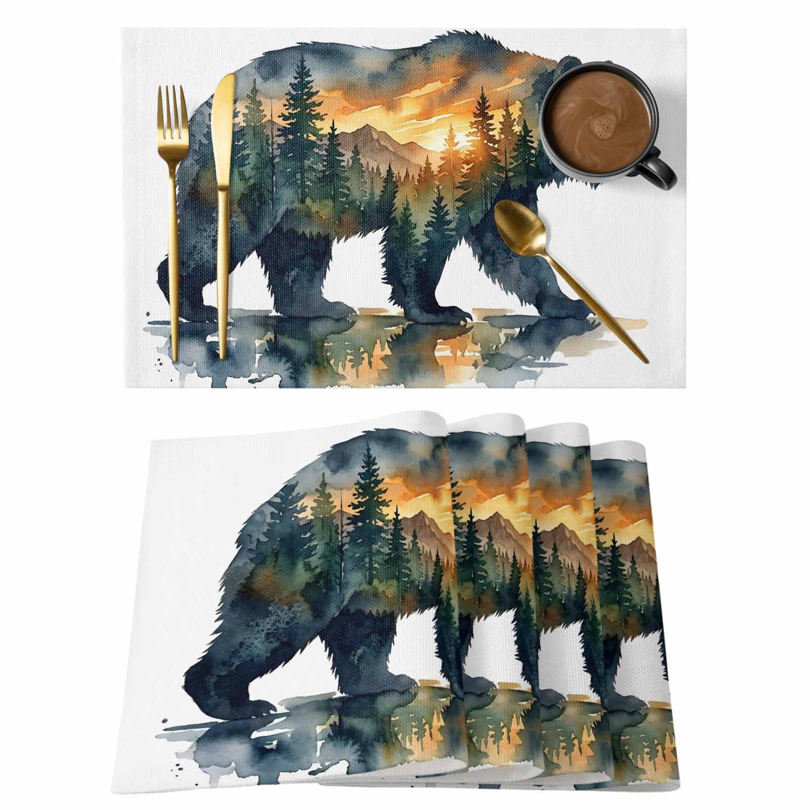 Brown Bear Cotton Linen Placemats Set of 6, Vintage Misty Green Trees ...