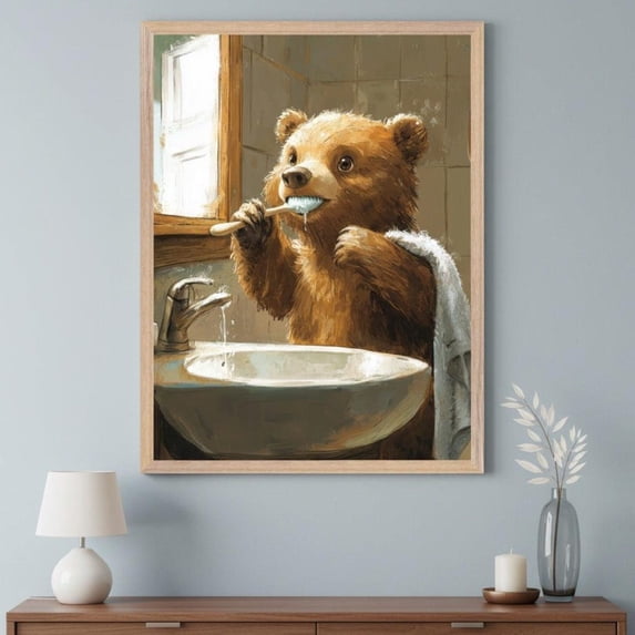 Brown Bear Cub Bear Brushing Teeth Woodland Forest Nursery Poster ...