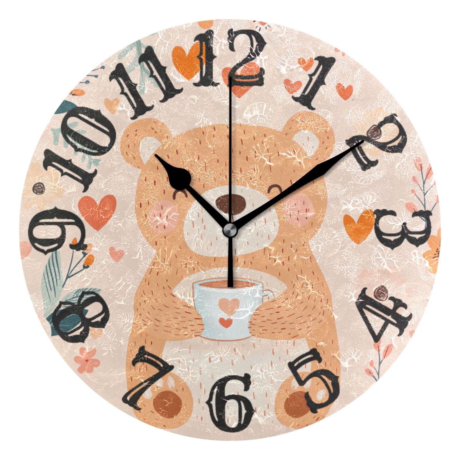 Brown Bear Cup Wall Clock 10 inch Non-Ticking Easy to Read Decorative ...