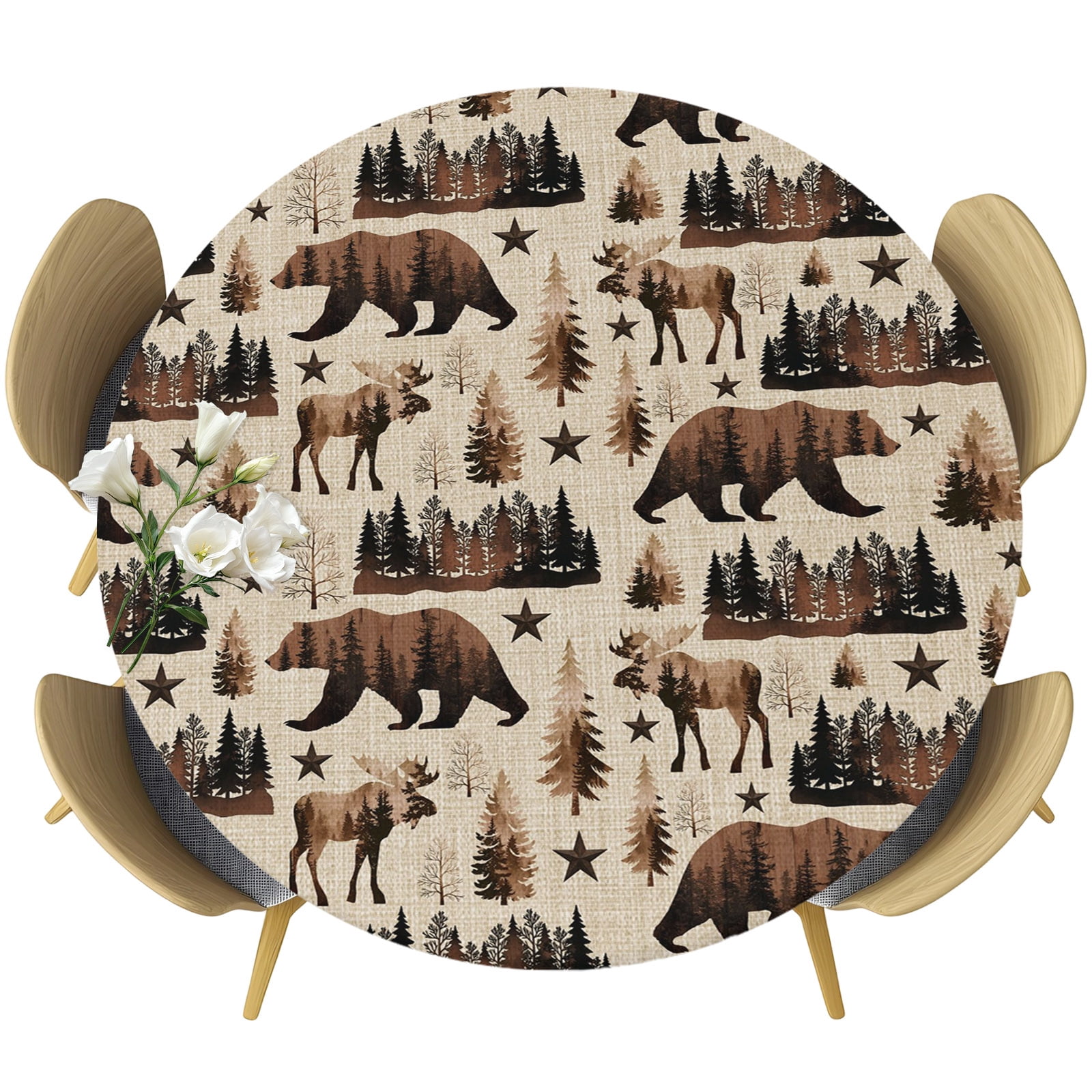 Brown Bear Elk Cabin Round Tablecloth 45-54 Inch Round Fitted Table ...
