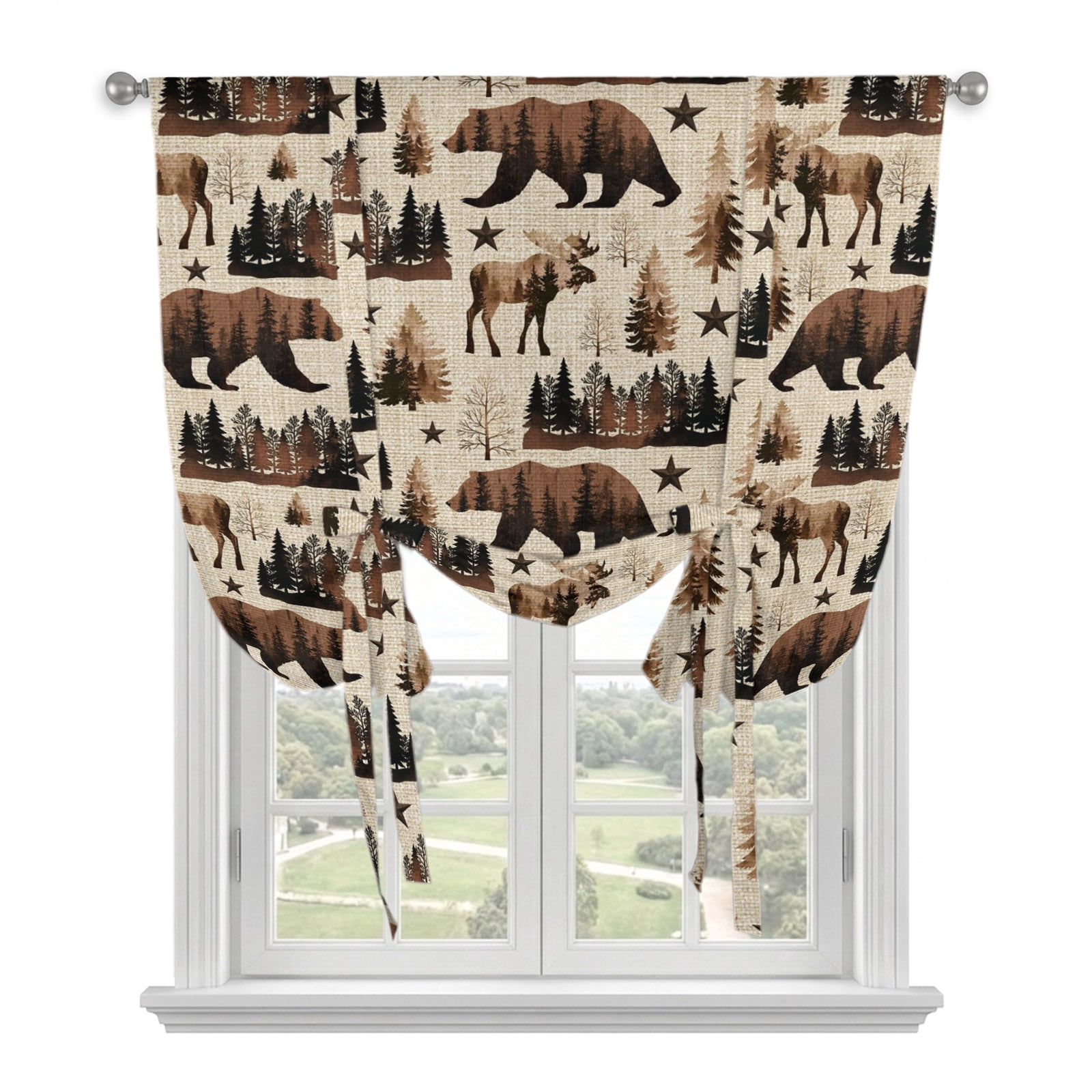 Brown Bear Elk Cabin Tie Up Curtains for Window, Thermal Insulated ...