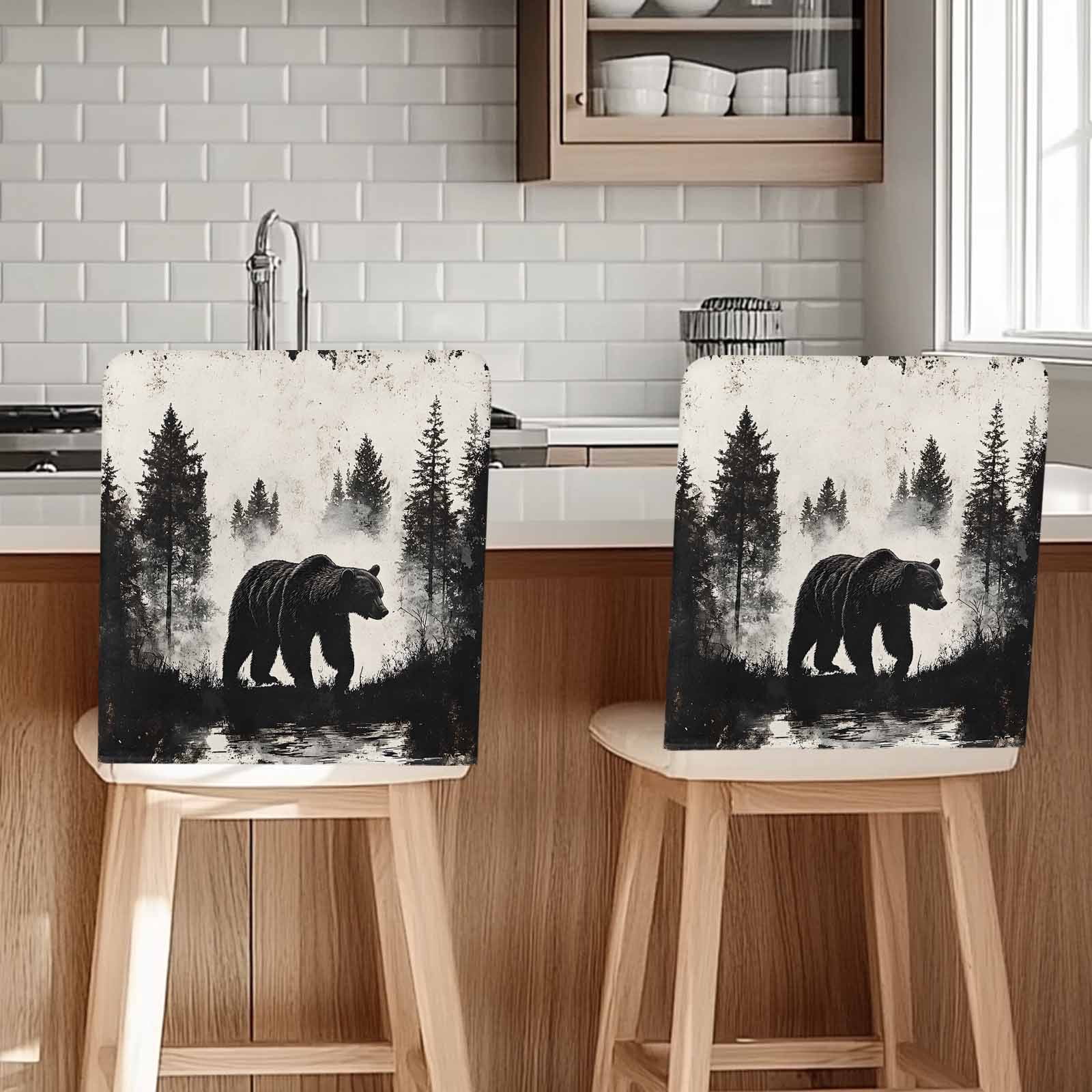 Brown Bear Forest Silhouette Chair Covers Set of 6 Vintage Animal Tree ...