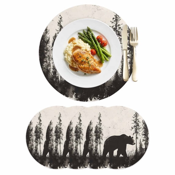Brown Bear Forest Silhouette Leather Placemats Set of 4, 12 Inch, Retro ...