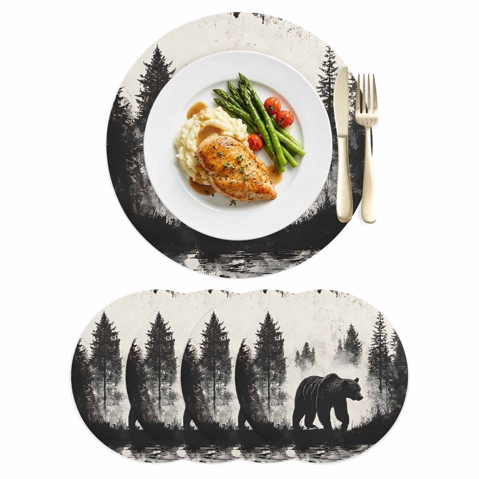 Brown Bear Forest Silhouette Leather Placemats Set of 4, 15 Inch ...