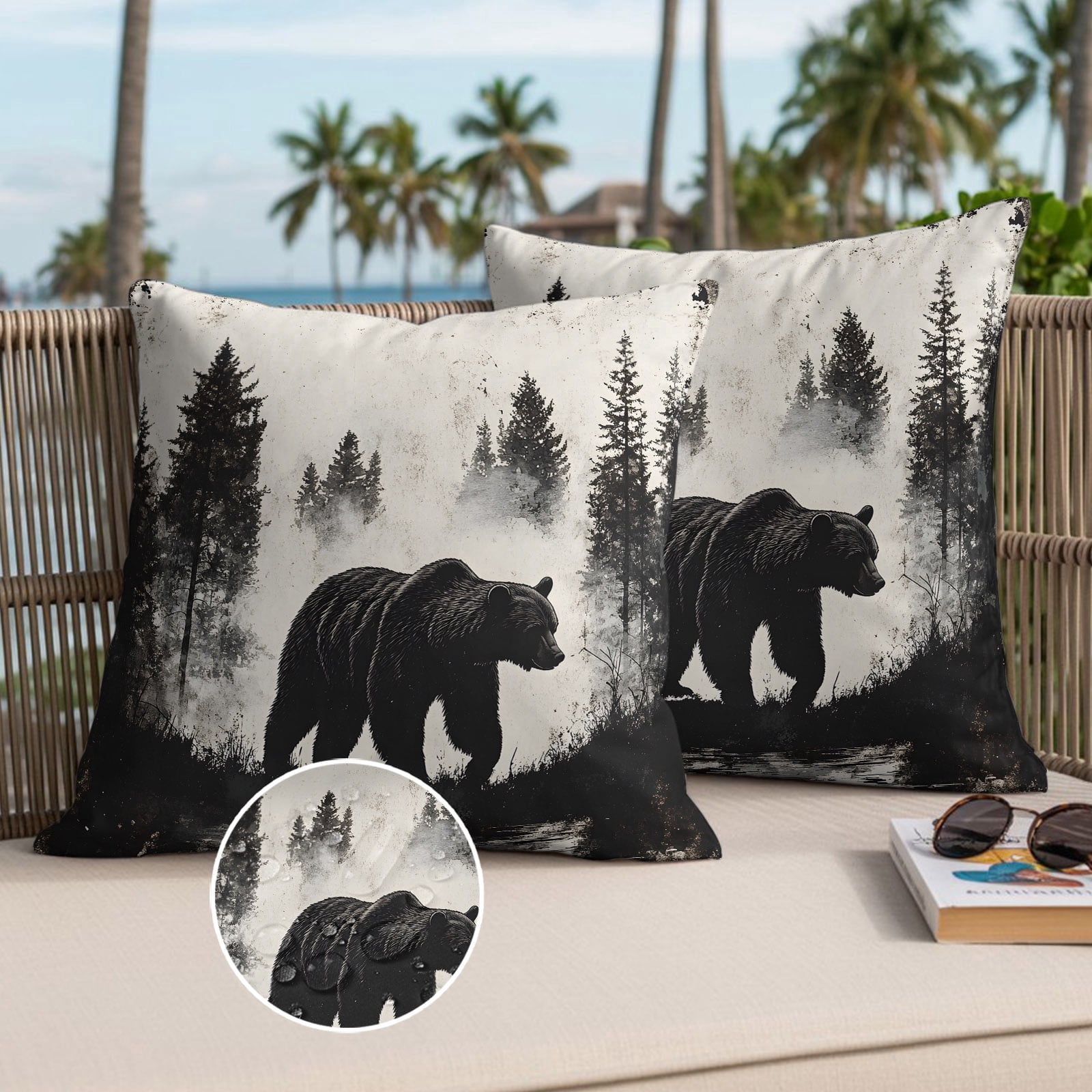 Brown Bear Forest Silhouette Outdoor Waterproof Throw Pillow Covers Set ...