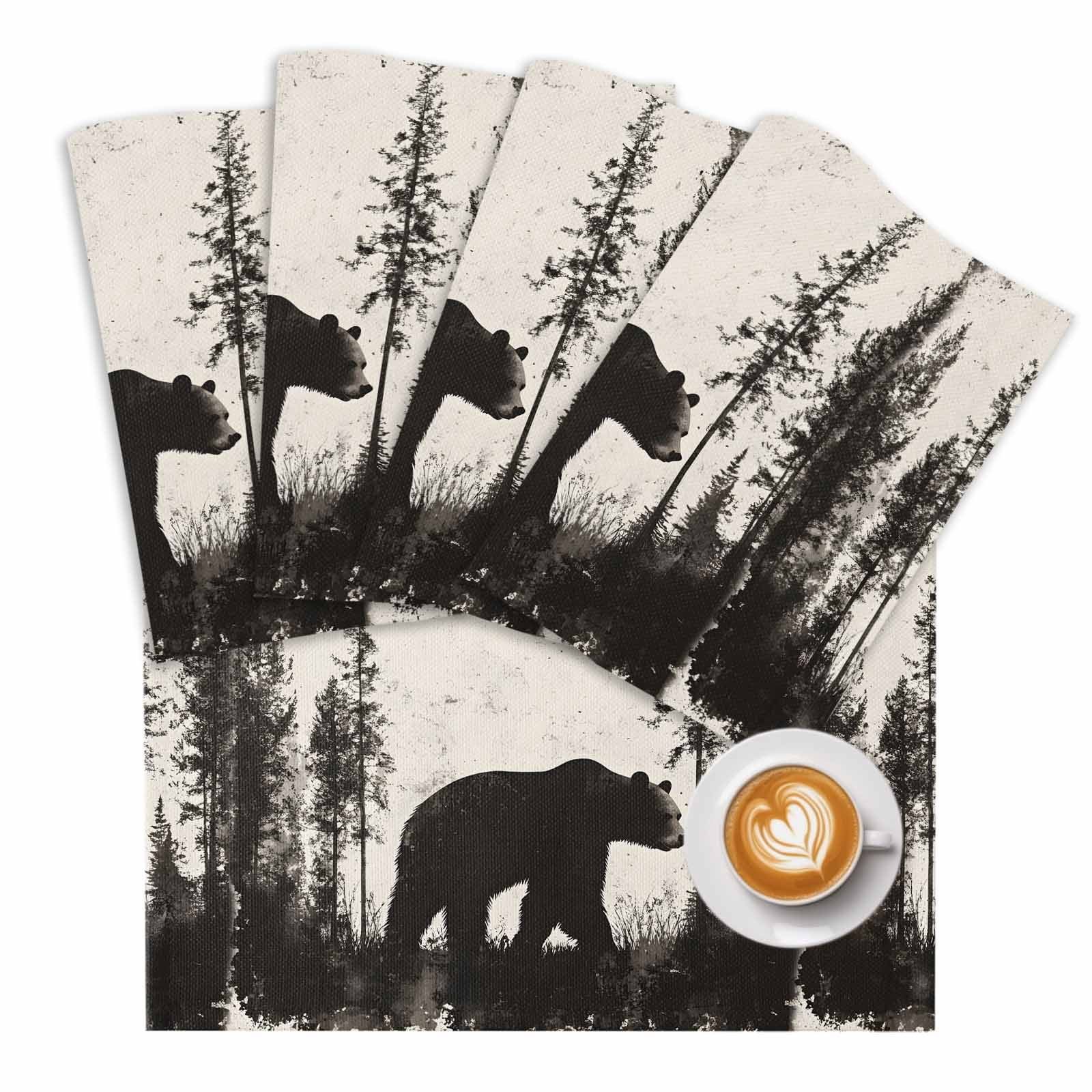 Brown Bear Forest Silhouette Placemats Set of 4 Retro Animal Tree Place ...