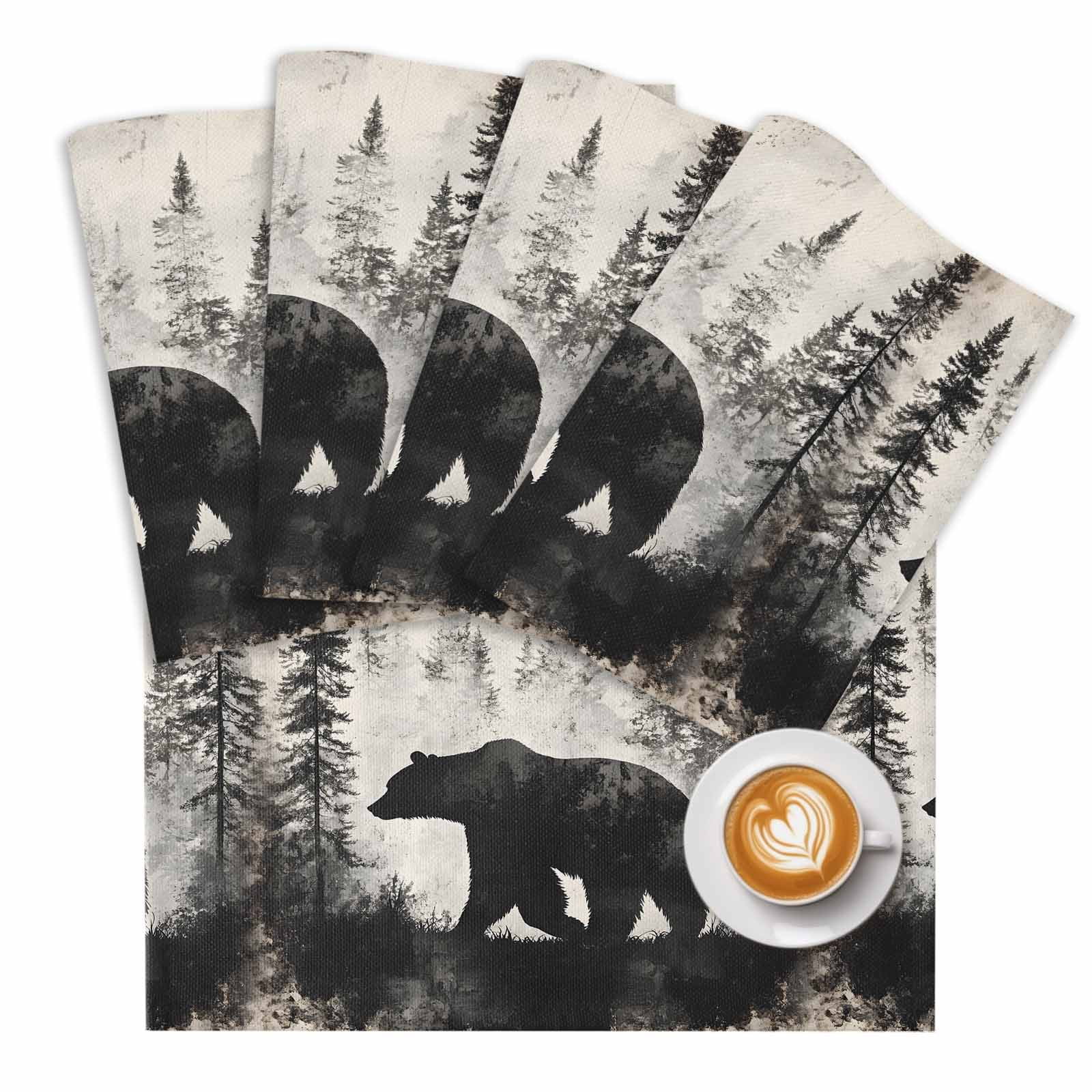 Brown Bear Forest Silhouette Placemats Set of 4 Vintage Animal Trees ...