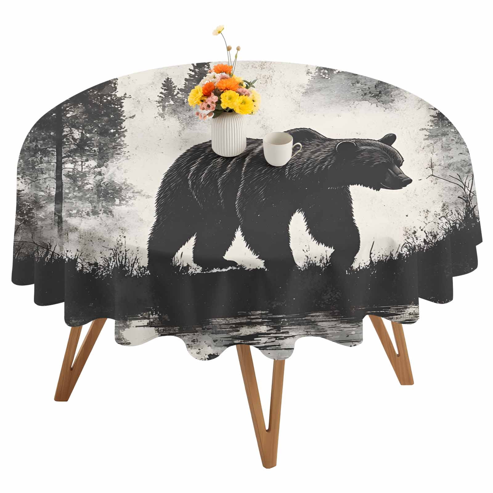 Brown Bear Forest Silhouette Round Tablecloth 60 inches Vintage Animal ...