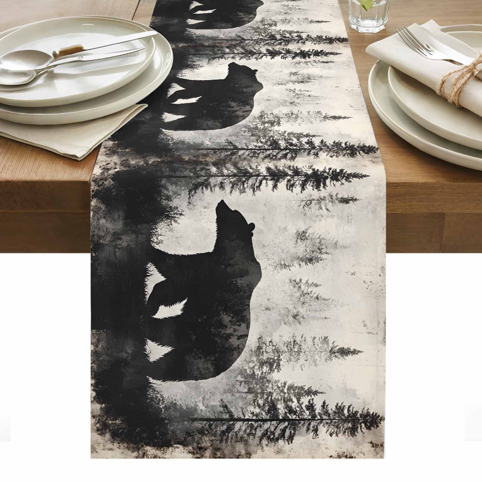 Brown Bear Forest Silhouette Table Runner 14 x 72 Inch, Vintage Animal ...