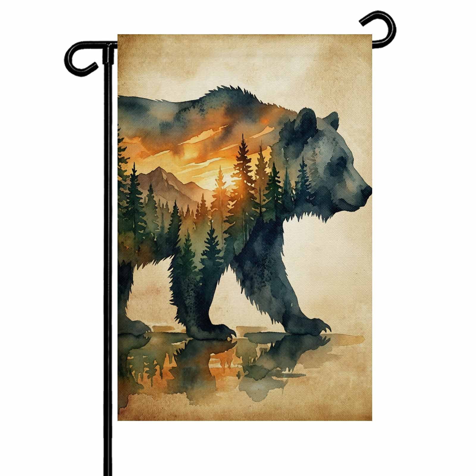 Brown Bear Garden Flag 28x40 Inch Vintage Misty Green Trees Brown Bear ...