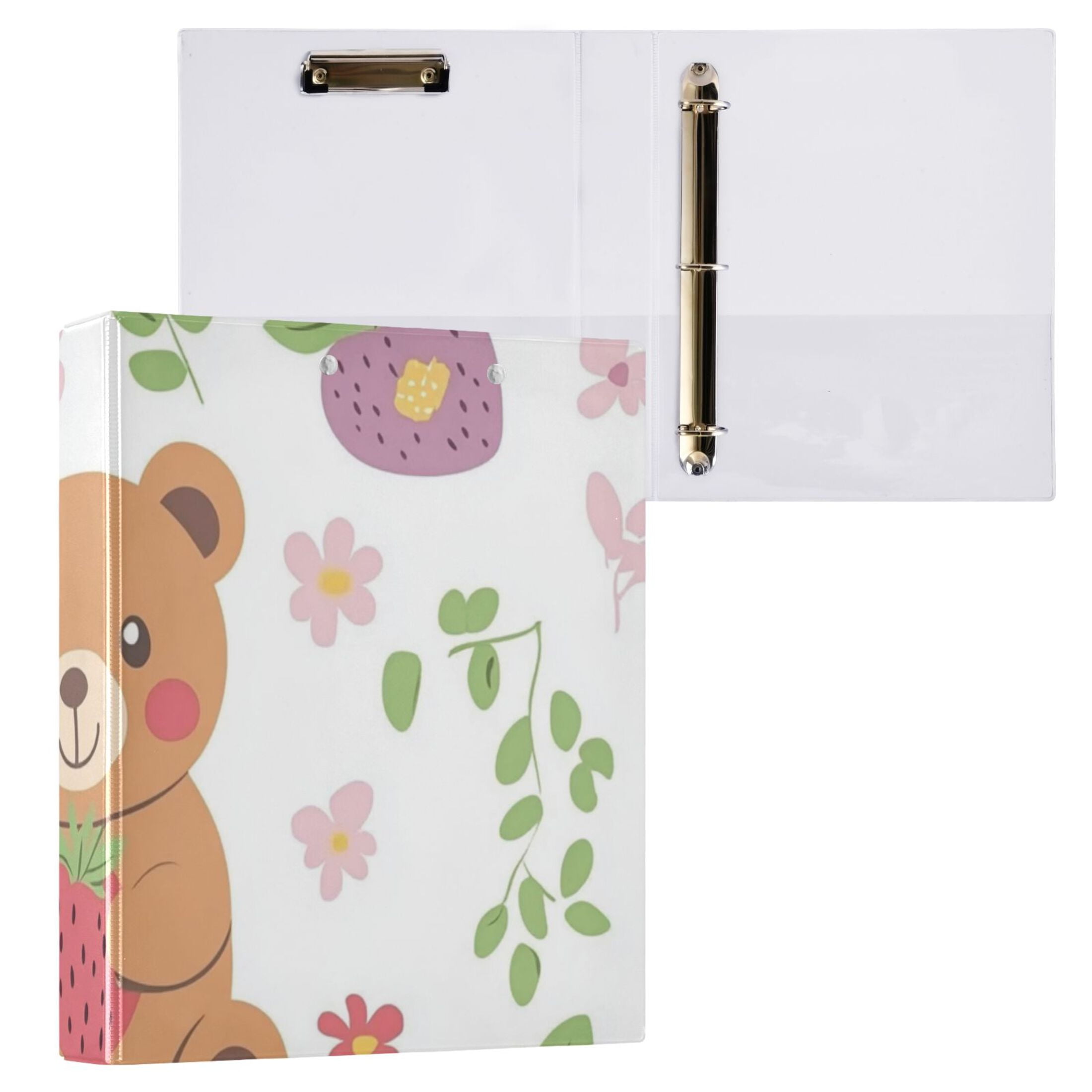 Brown Bear Hugs Strawberries Flowers Round Ring Binder 3 Rings 1.5 ...