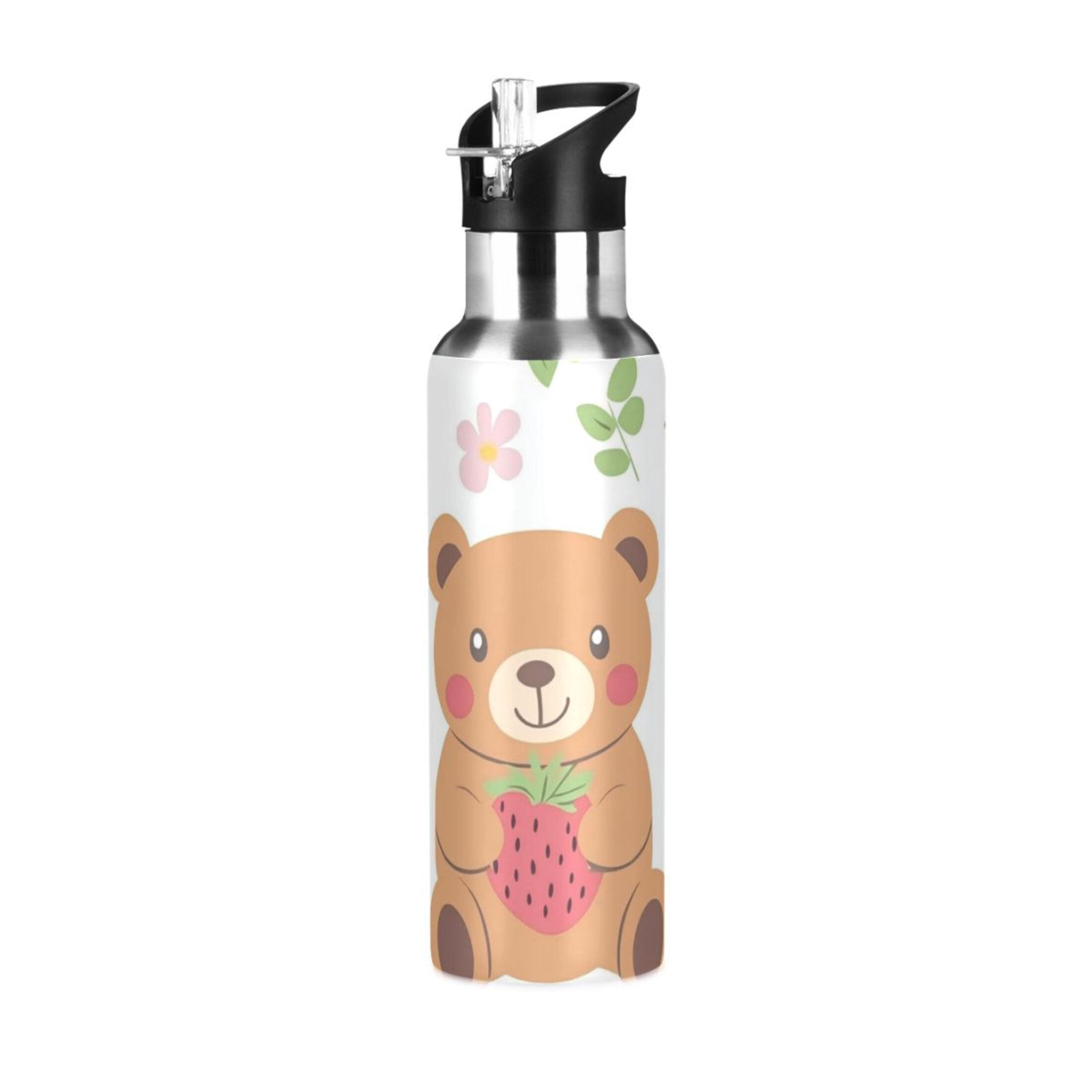 Brown Bear Hugs Strawberries Flowers Sports Bottle with Straw Stainless ...