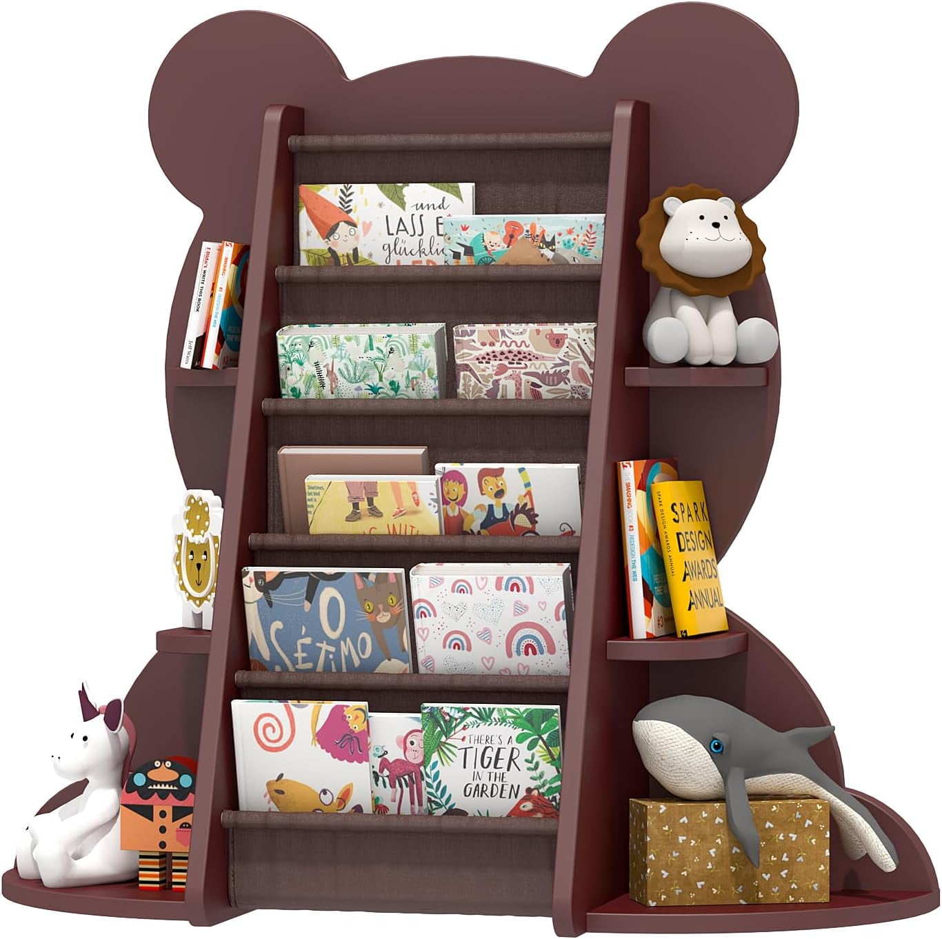 Brown Bear Kids Bookshelf Sling Toddler Bookcase 5-Tier Montessori Baby ...