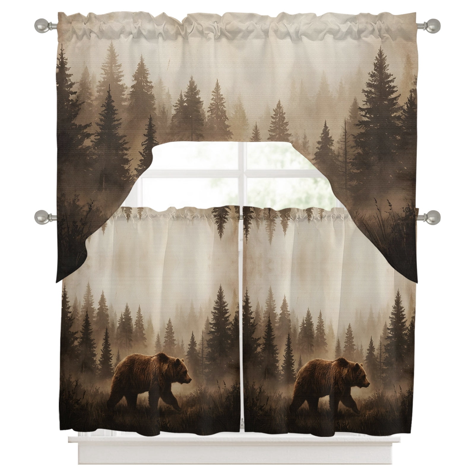 Brown Bear Kitchen Curtains Swag Valance and Tier Curtains Set 36 Inch ...