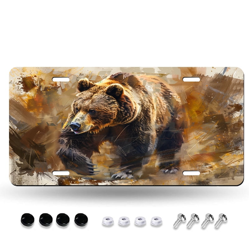 Brown Bear on The Move in an Abstract Forest Background License Plate ...