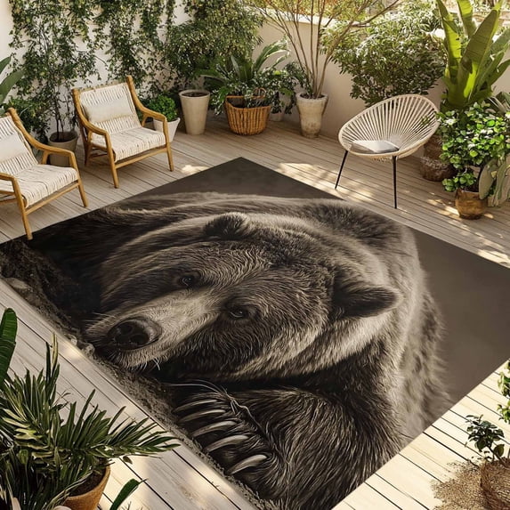Brown Bear Outdoor Rug, Forest Wildlife Animal Rustic Non-Slip Area ...