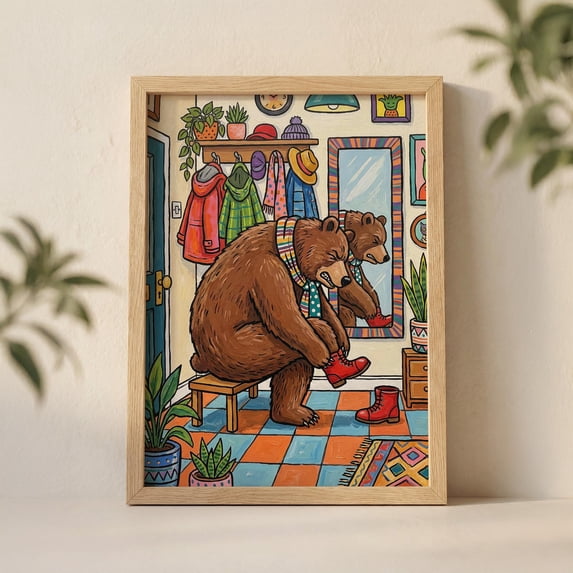 Brown Bear Putting On Boots Wall Art Print Colorful Entryway ...