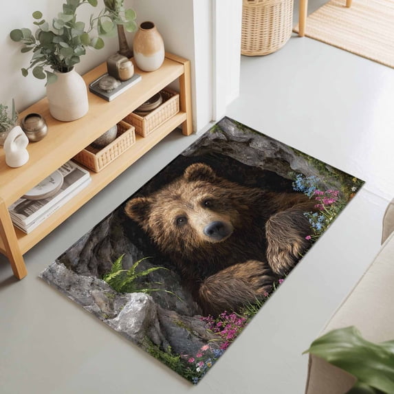 Brown Bear Rustic Wildflowers Cave Rectangle Rug 2'x3' Nature Animals ...