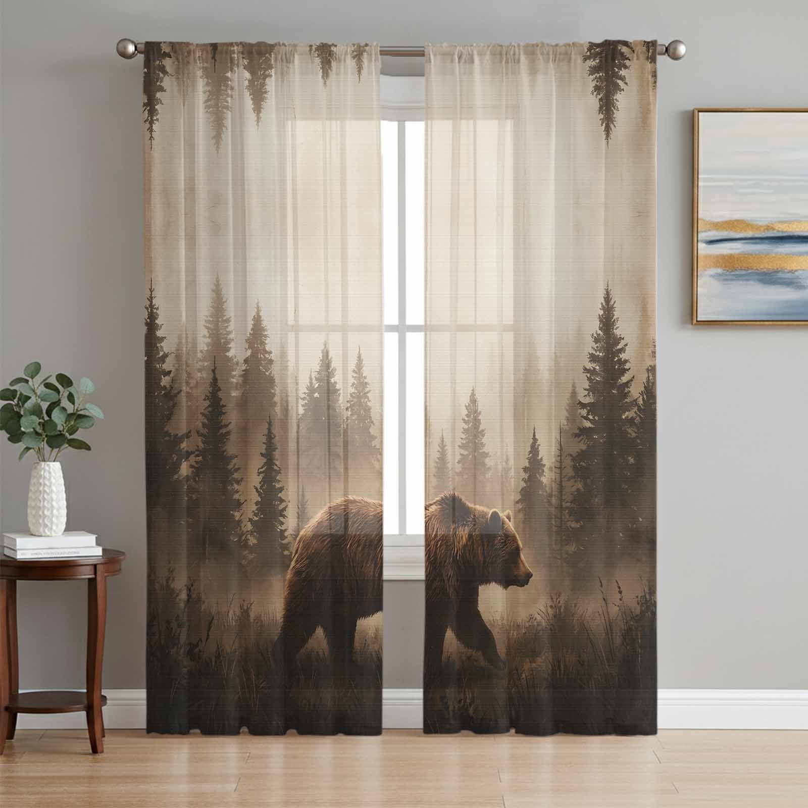 Brown Bear Sheer Curtains for Living Room Bedroom Forest Pine Tree ...