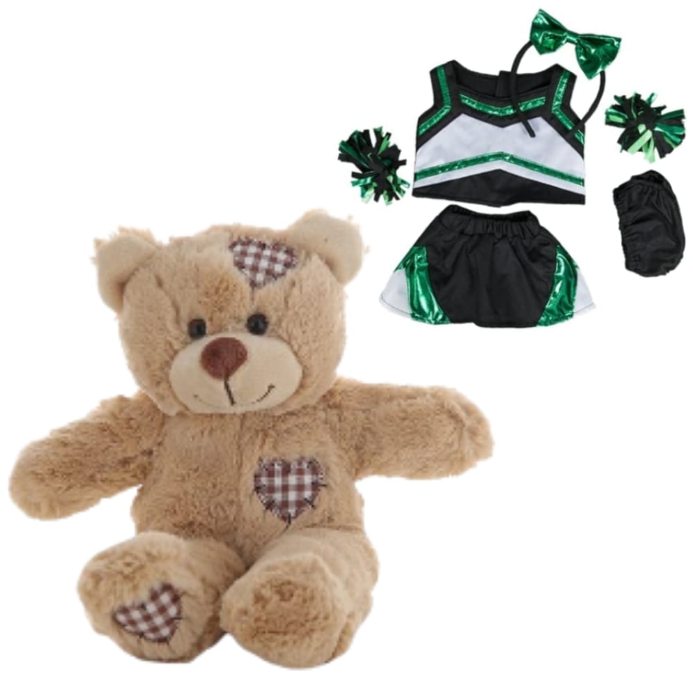 New Brown Bear Stuffed Toy with Heart Patches in Metallic Green & Black ...