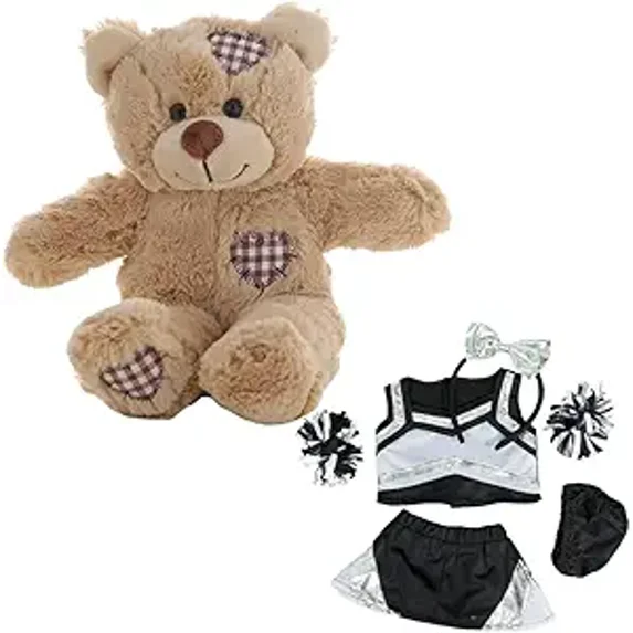 Brown Bear Stuffed Toy with Heart Patches in Metallic Silver & Black ...