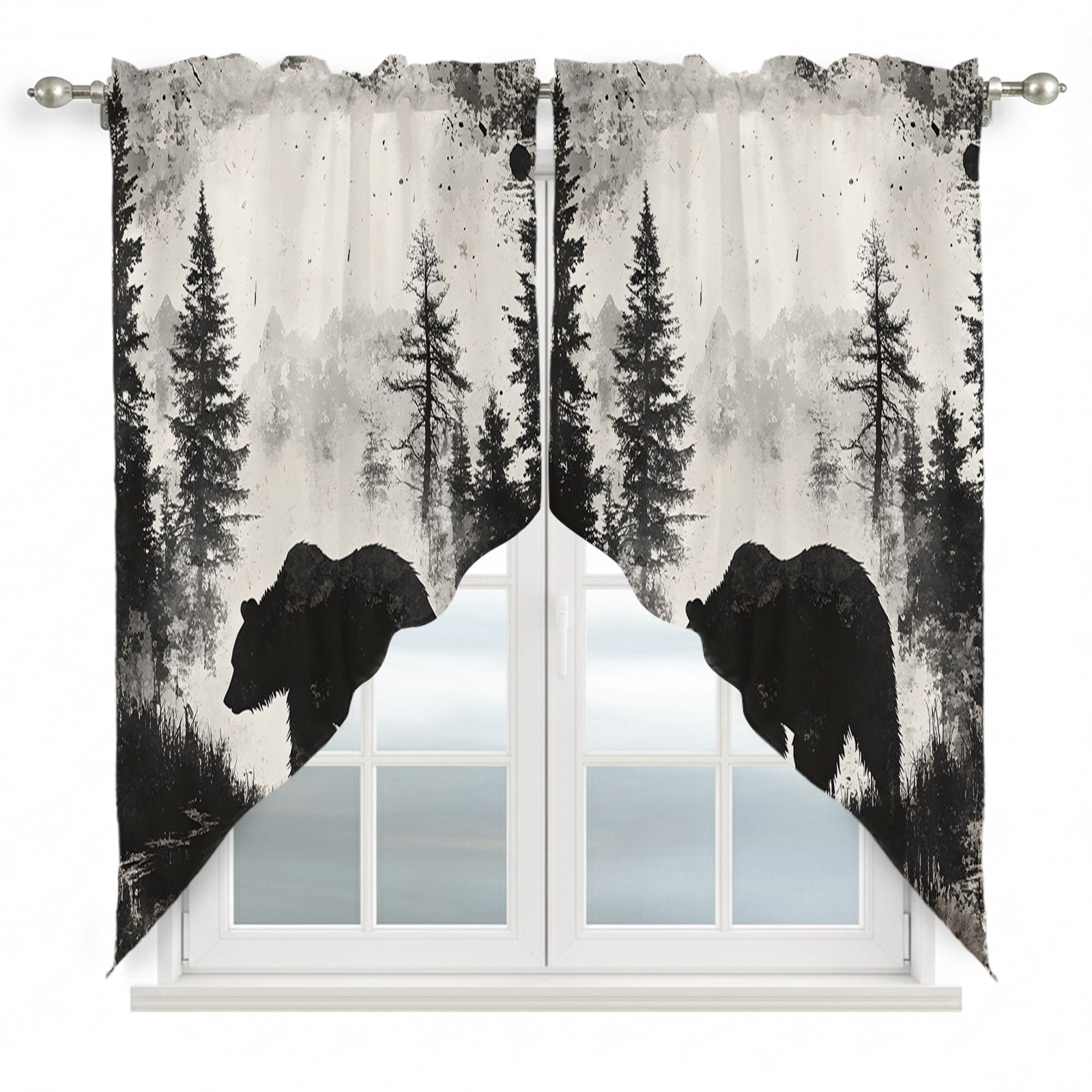 Brown Bear Swag Valances for Windows 36 inches Long, Black Bear Forest ...