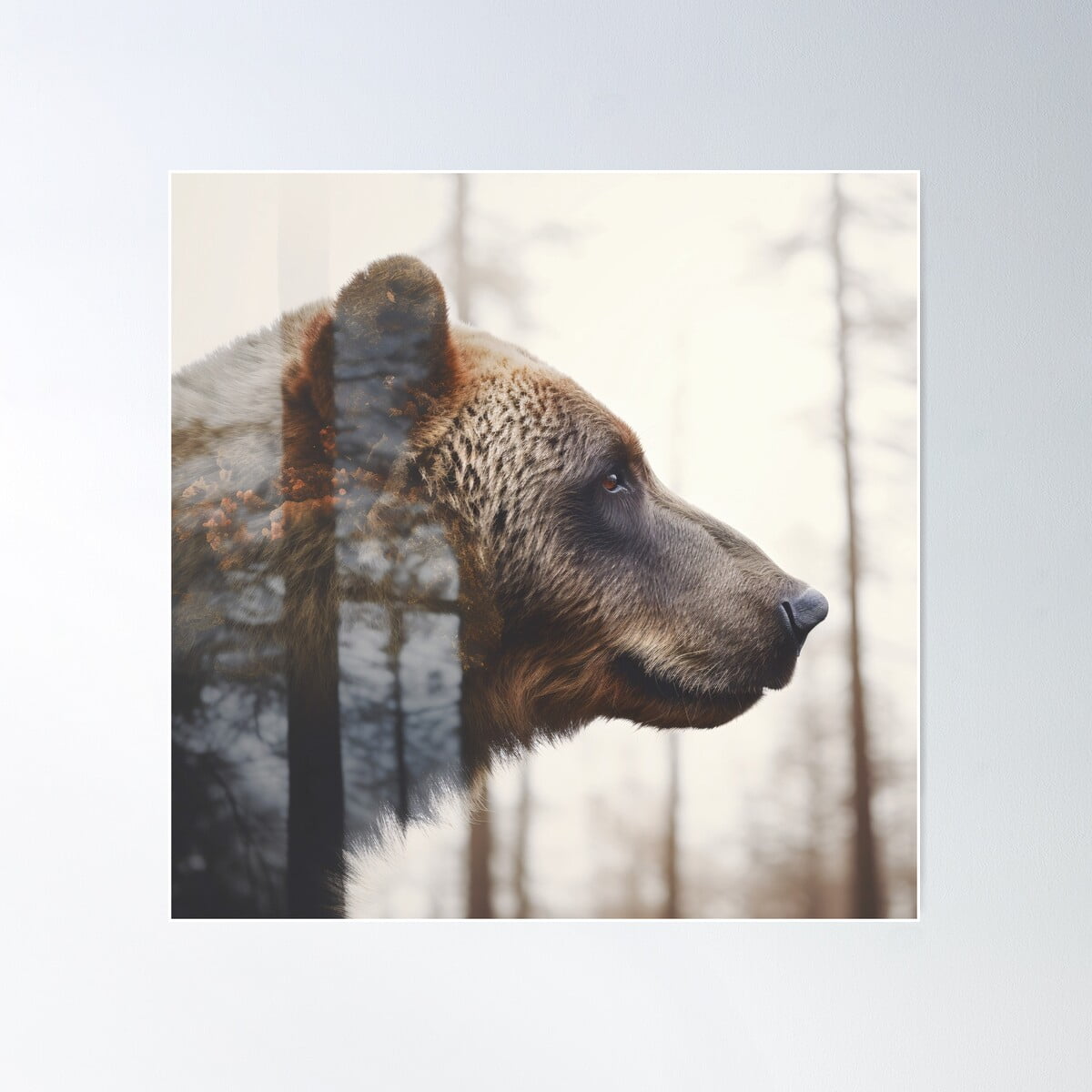 Brown Bear & Taiga Forest Double Exposure, Ai Art Poster Wall Art ...
