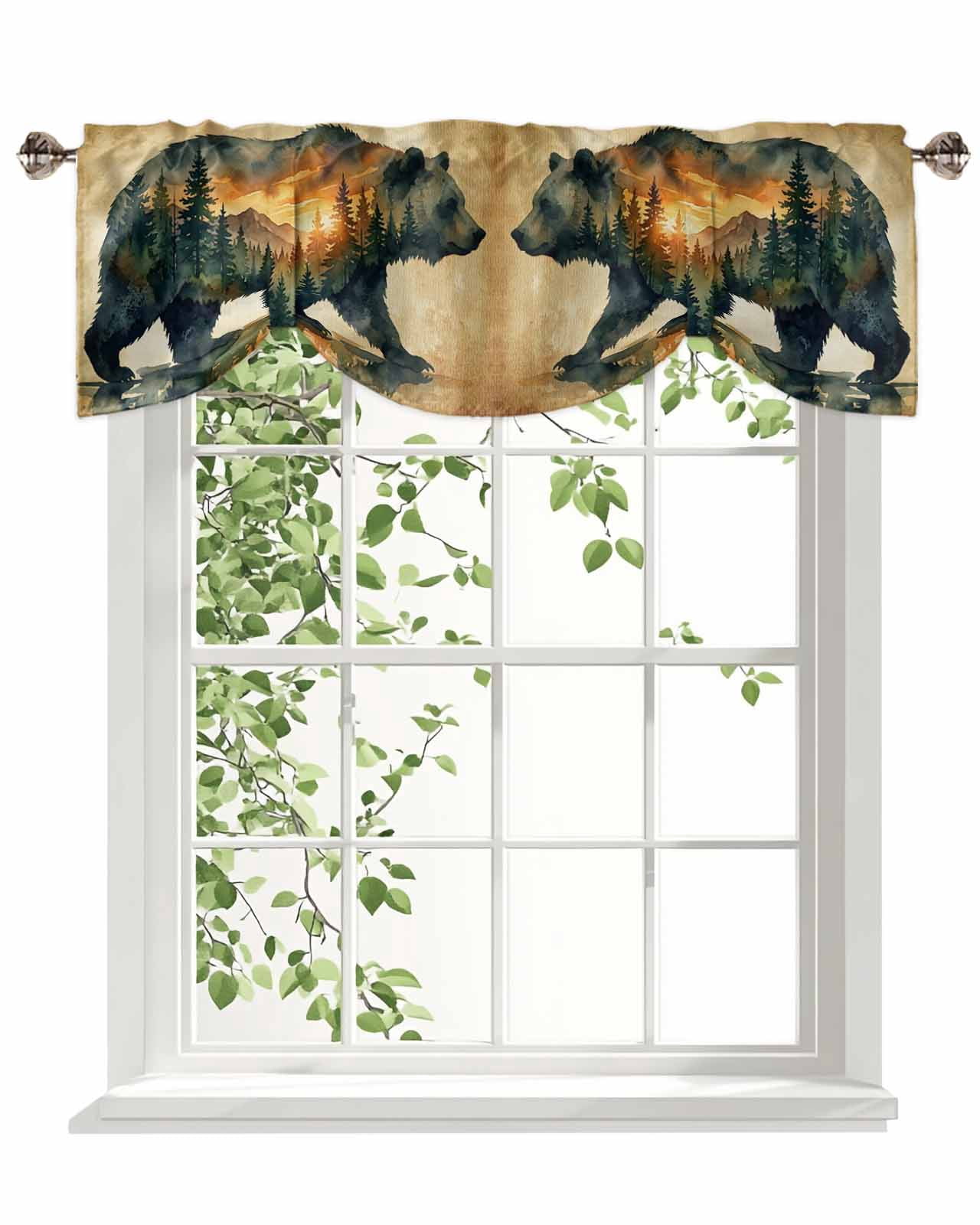 Brown Bear Tie Up Valances Curtain, Vintage Misty Green Trees Brown ...
