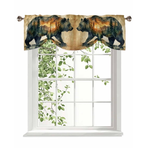 Brown Bear Tie Up Valances Curtain, Vintage Misty Green Trees Brown ...