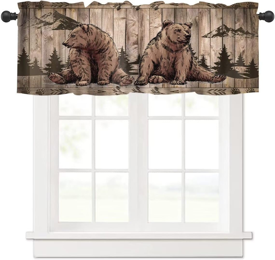 Brown Bear Window Valance Curtain, Rustic Wooden Board Forest Wild ...
