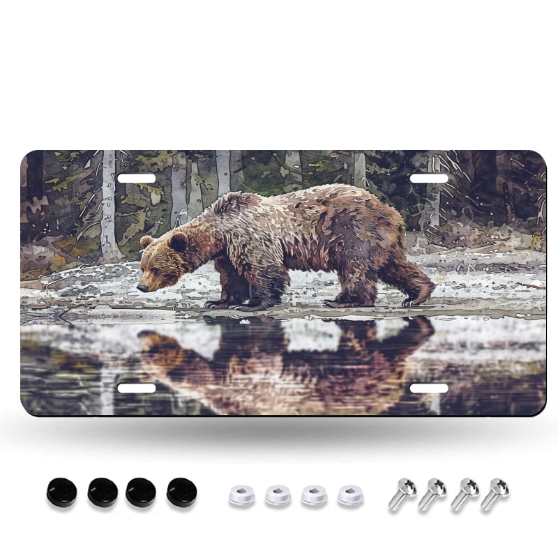 Brown Bear in a Watercolor Forest Setting License Plate Frame ...