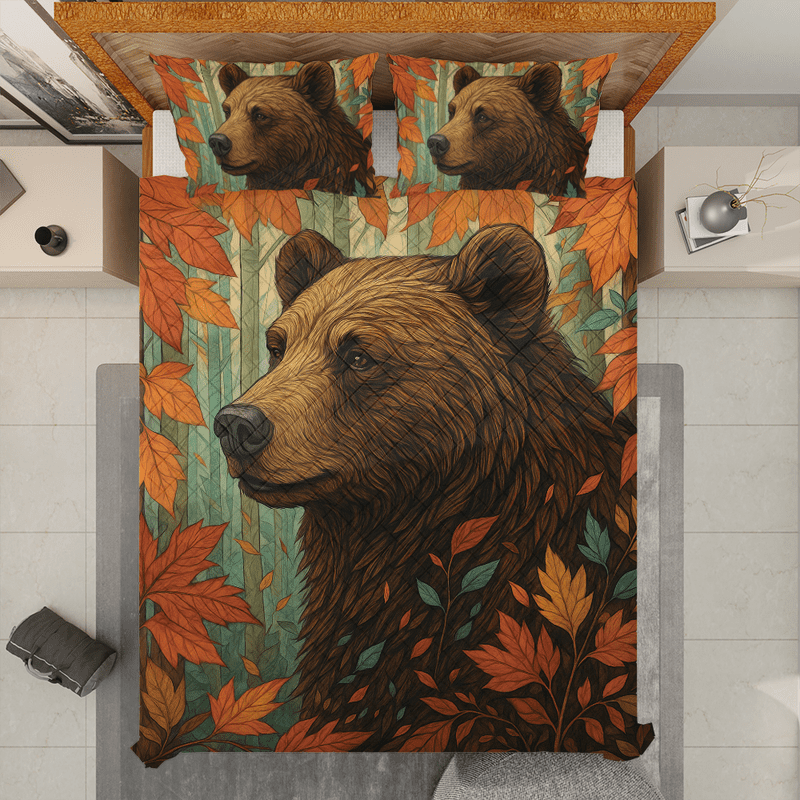 Brown Bear with Autumn Leaf Forest Quilt Bedding Set - Rustic Quilt Bed ...