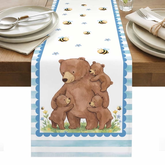 Brown Bears Cotton Linen Table Runner Yellow Flower Bee Blue Border ...