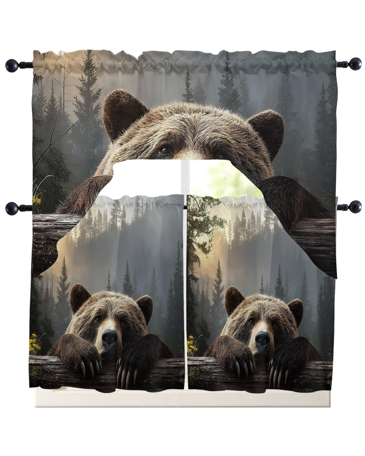 Brown Bears Kitchen Curtains Set for Windows 3 Piece Cafe Curtains 24 ...