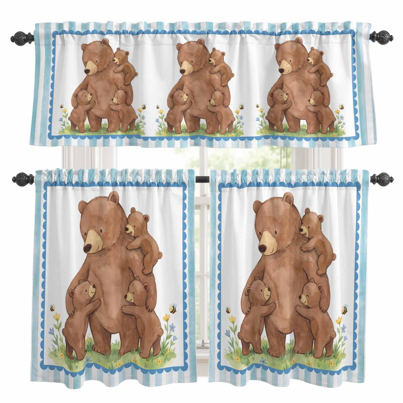 Brown Bears Kitchen Curtains Valance and Tier Set Yellow Flower Bee ...