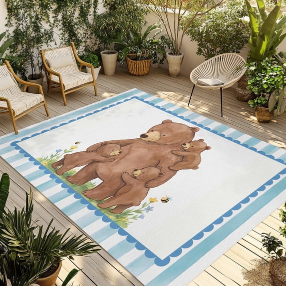 Brown Bears Outdoor Rug, Yellow Flower Bee Blue Border Striped Animal ...
