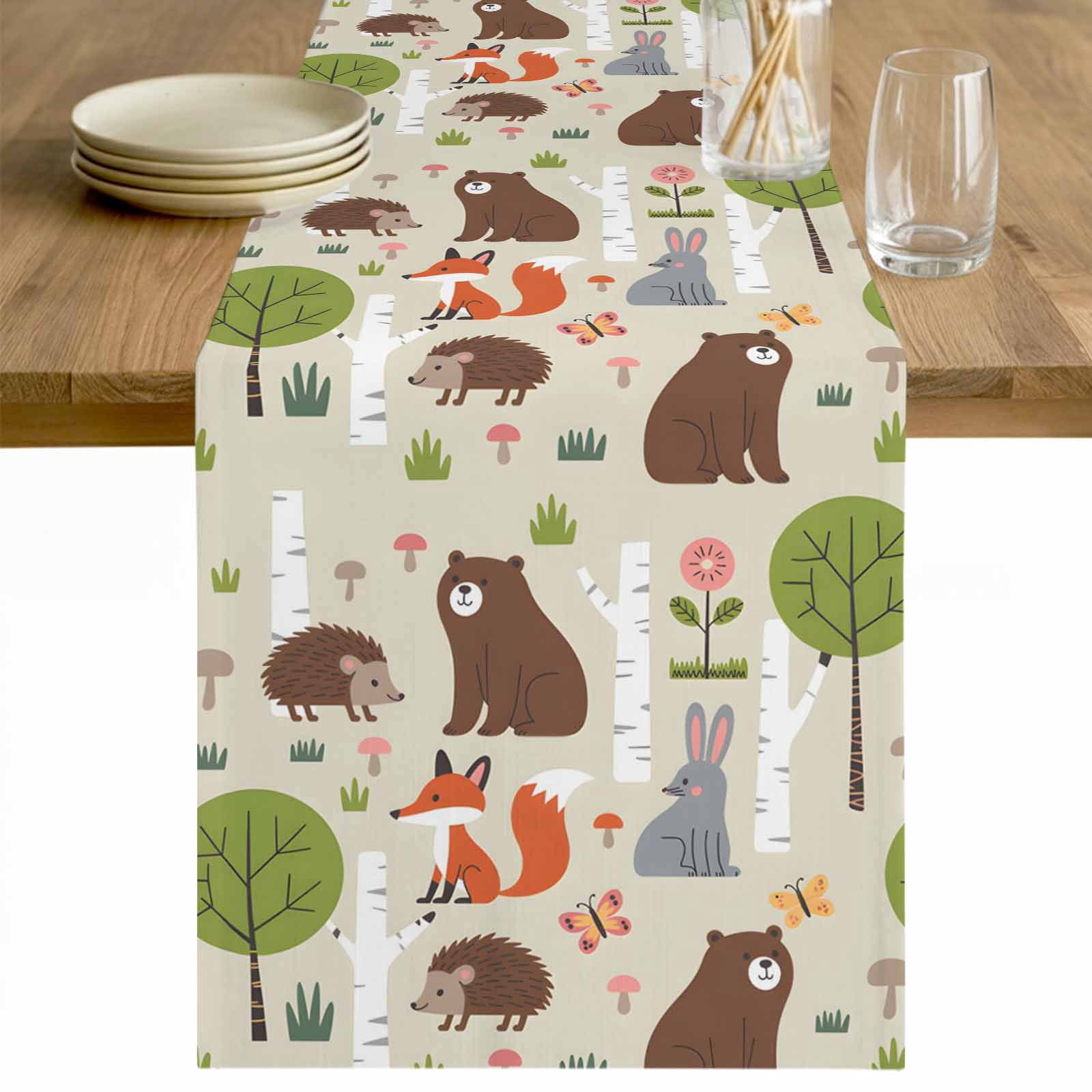 Brown Bears Table Runner - 60 Inch Long Cartoon Cute Animals Foxes ...