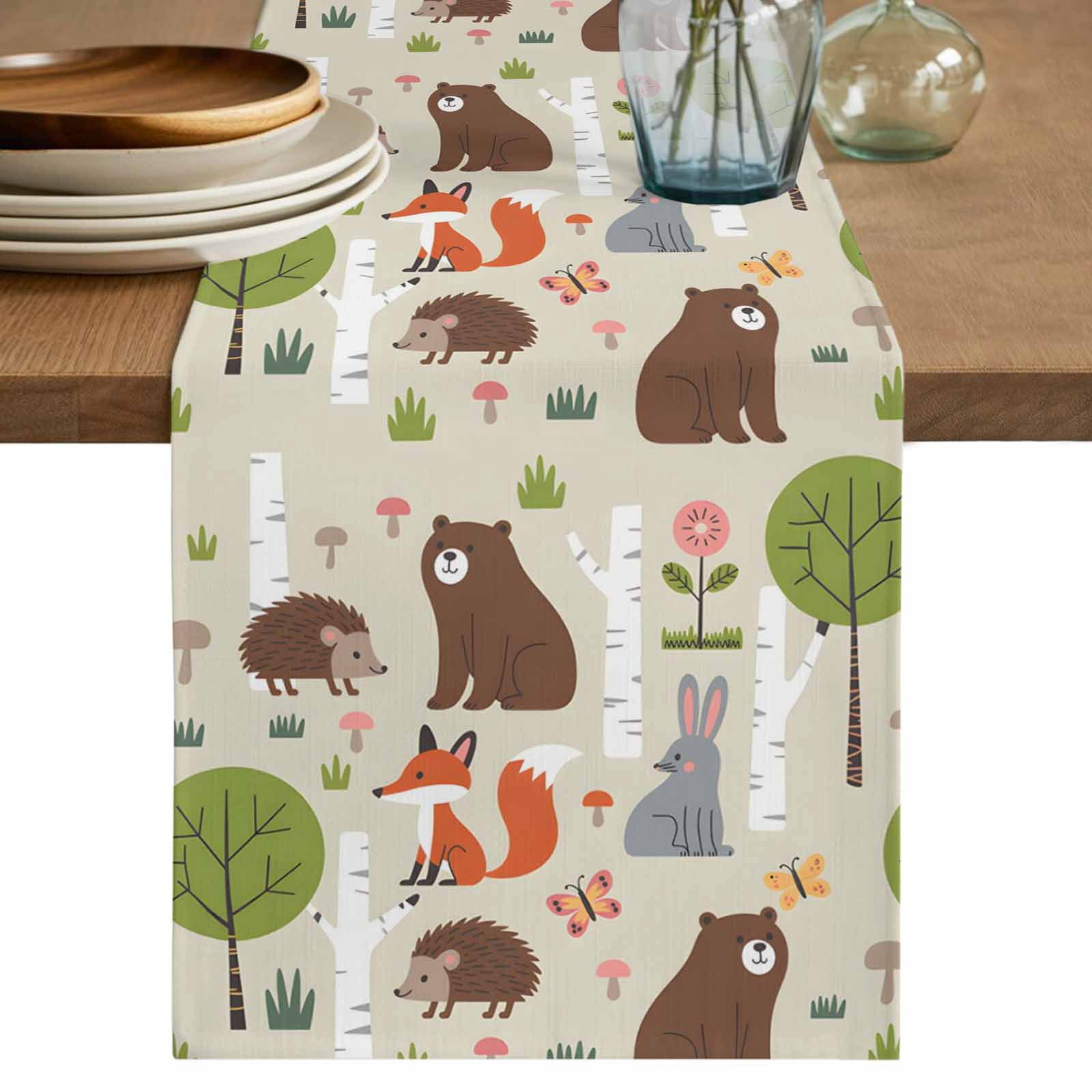 Brown Bears Table Runner 72 Inches, Cartoon Cute Animals Foxes ...