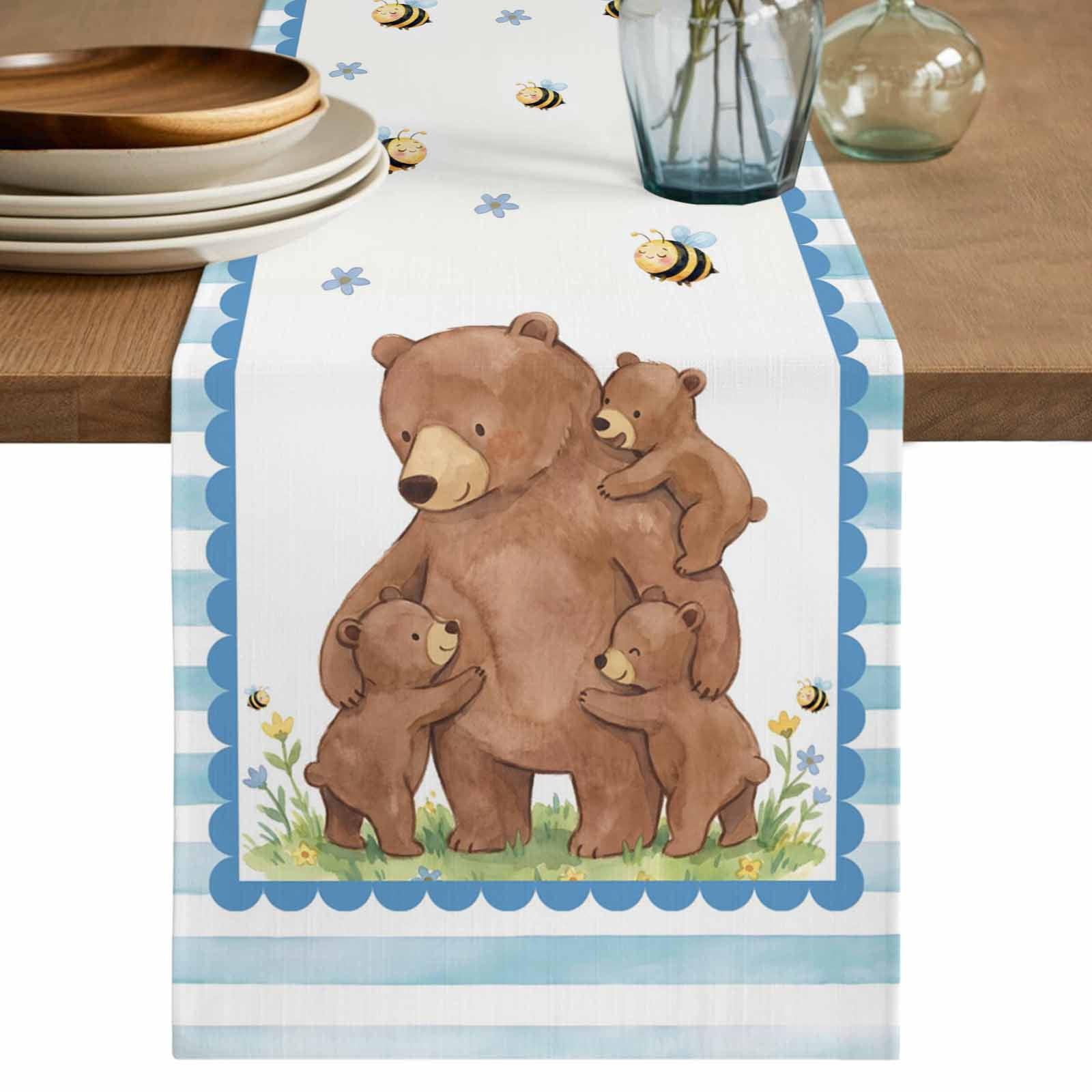 Brown Bears Table Runner 90 Inches, Cute Animals Blue Striped Bed ...