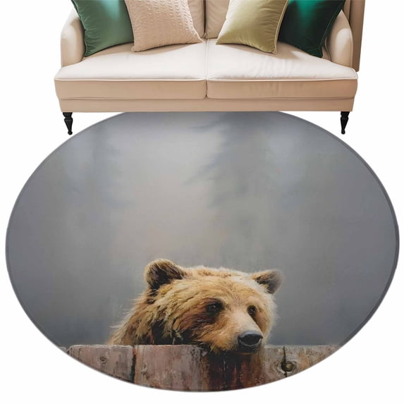Brown Bears Vintage Round Rug 6ft Washable Circle Kitchen Rugs Non Slip ...