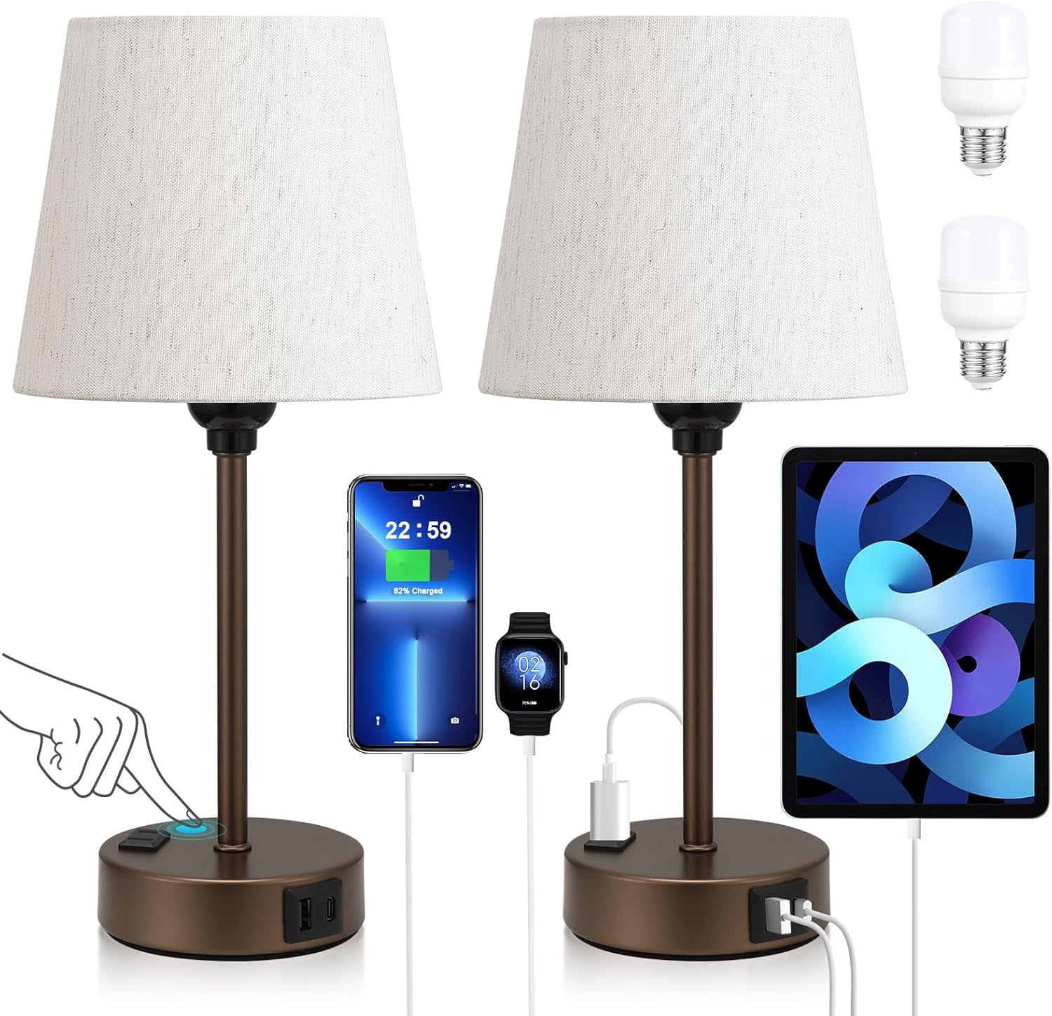 Brown Bedside Lamps for bedrooms Set of 2 - Nightstand Lamp with C Port ...