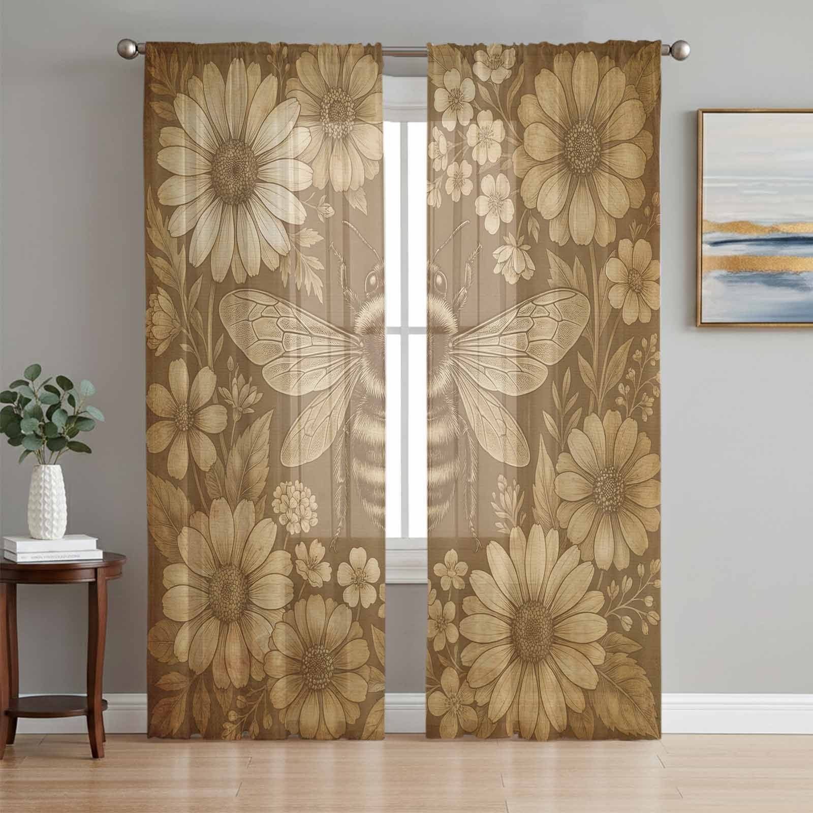 Brown Bee Sheer Curtains 96 Inch Length 2 Panels Set, Farmhouse Vintage ...