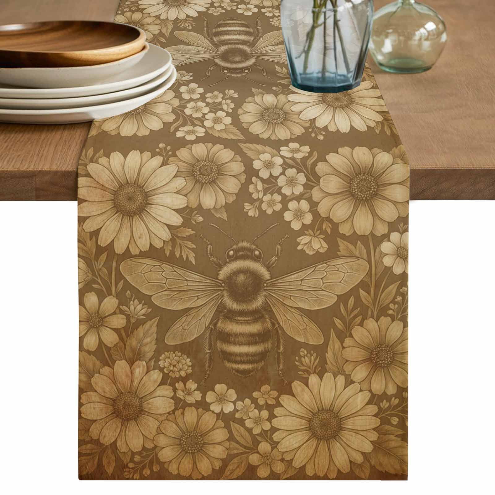Brown Bee Table Runner 48 Inches, Farmhouse Vintage Animals Botanical ...