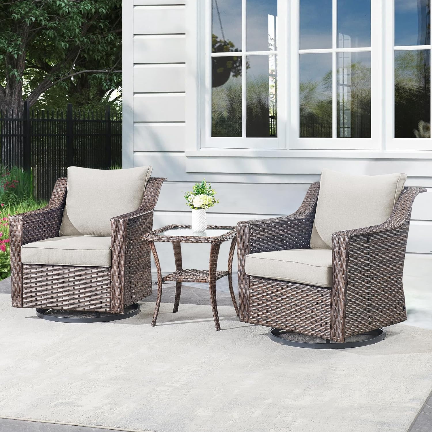 Brown/Beige 3 Piece Outdoor Wicker Conversation Bistro Dining Furniture ...