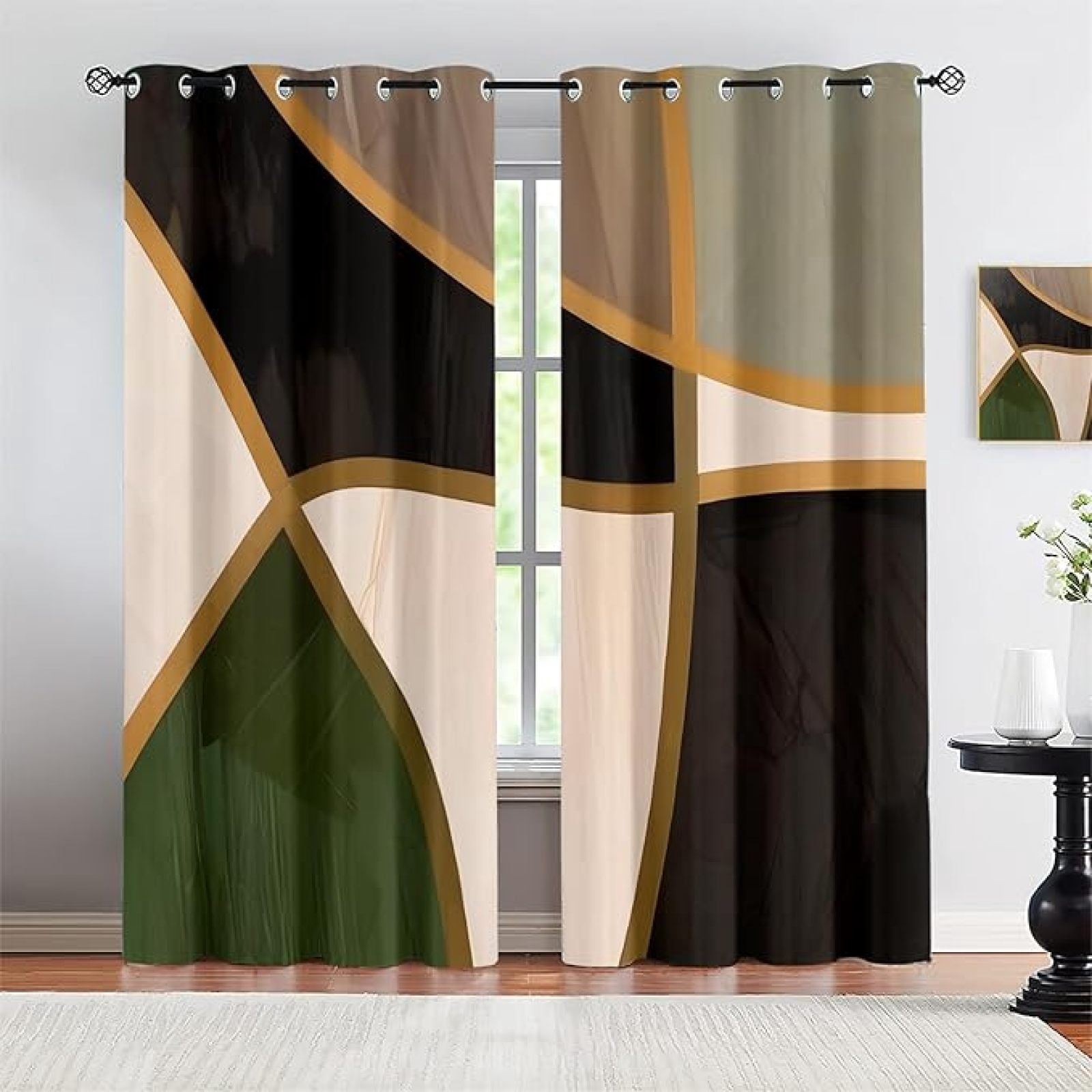 Brown Beige Black Color Block Art Curtains For Bedroom, Bohemian ...