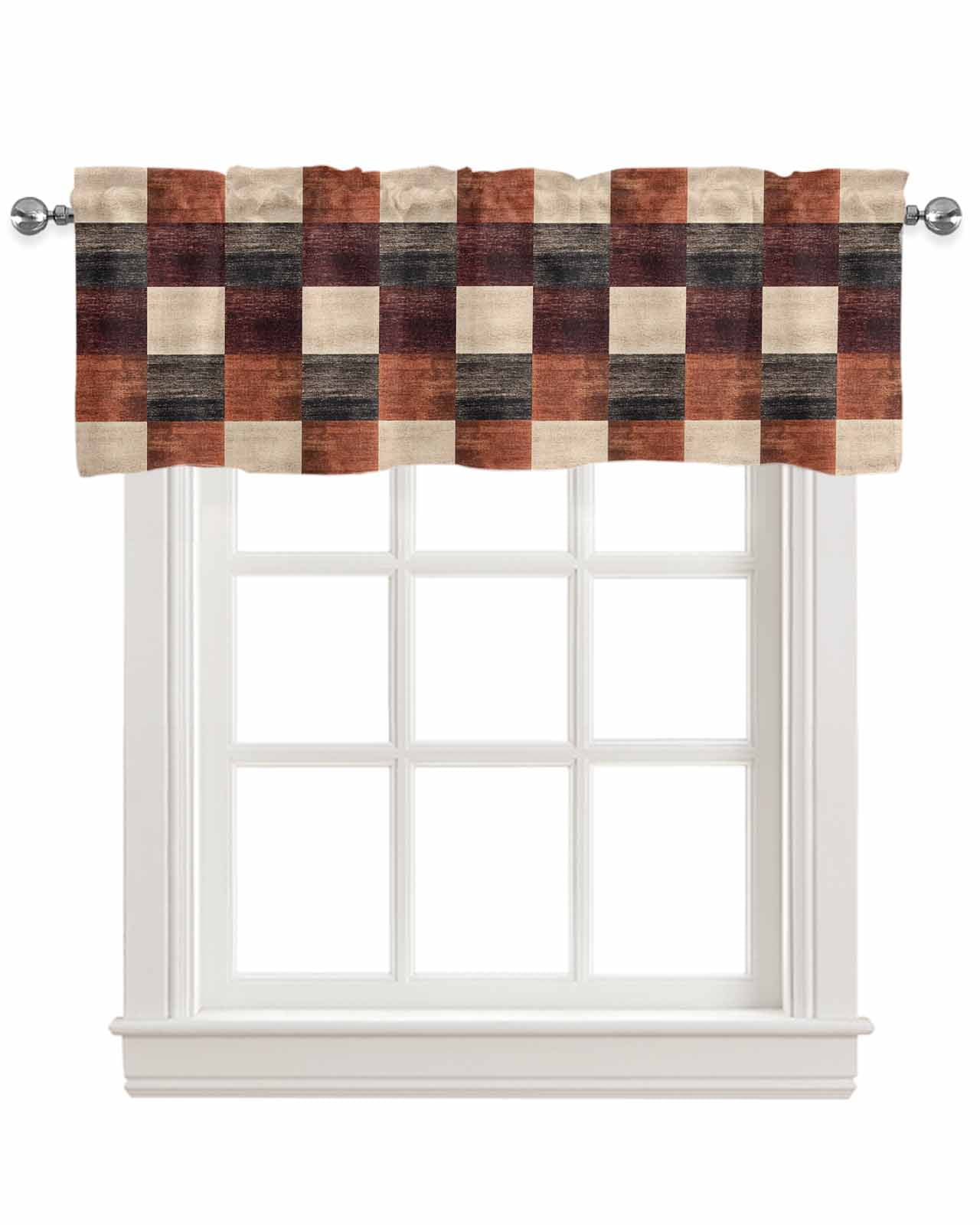 Brown Beige Block Kitchen Valances for Windows Farmhouse Linen Window ...