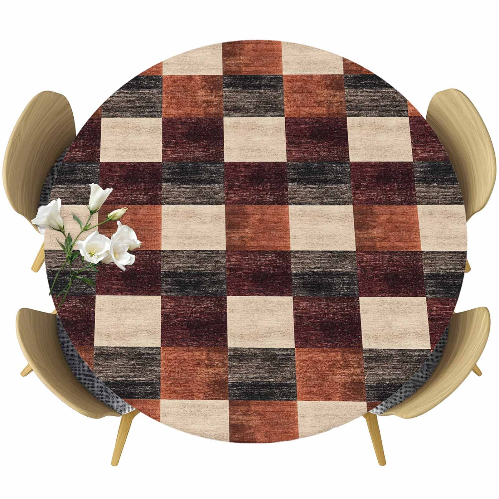 Brown Beige Block Round Tablecloth 45-54 Inch Round Fitted Table Cloth ...