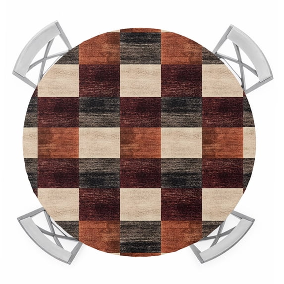 Brown Beige Block Round Tablecloth for 45-54 Inch Tables, Fitted Table ...