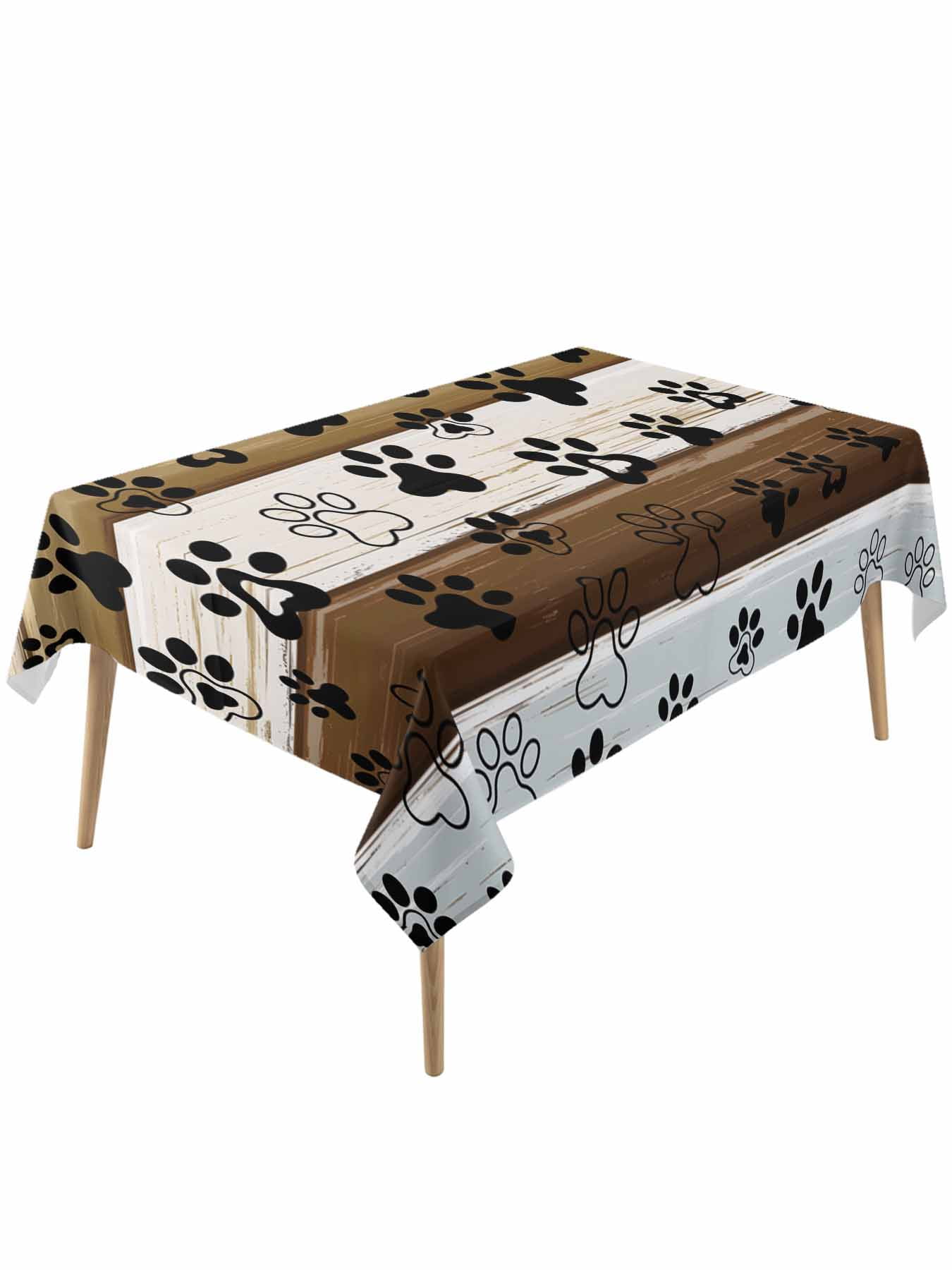 Brown Beige Blue Farmhouse Table Cloth, Black Dog Paw Vintage Wooden ...