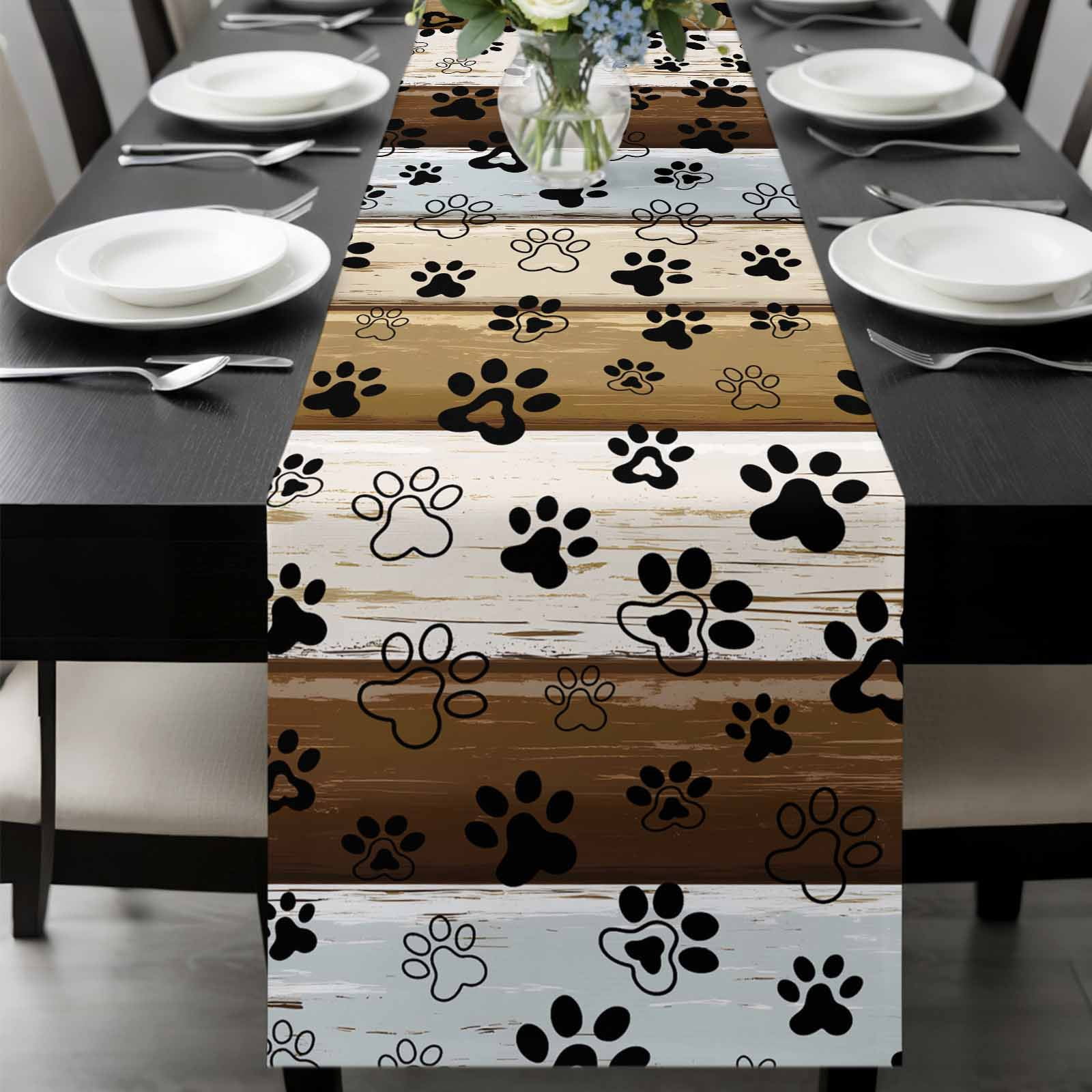 Brown Beige Blue Farmhouse Table Runner 48 Inches Long, Black Dog Paw ...